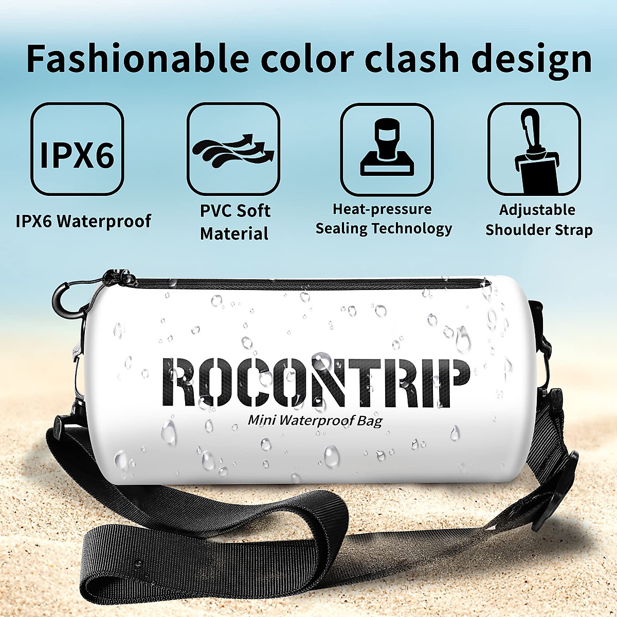 ROCONTRIP Crossbody Dry Bags IPX6 Lightweight Waterproof Bag Portable Swimming Bag Travel Waterproof Dry Bag for Fishing Snorkeling Diving Boating Kayaking Hiking（White）