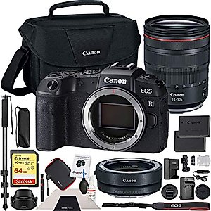 Canon EOS RP Mirrorless Camera with RF 24-105mm F4 L is USM Lens Kit Bundle with Lens Mount Adapter, 64GB Memory Card, Shoulder Bag, Battery and Charger Kit, Monopod and Cleaning Kit