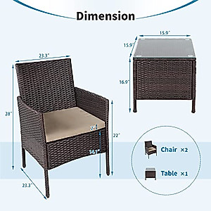 Patiomore 3 Pieces Outdoor Bistro Set Patio Furniture Set PE Brown Wicker Patio Chairs with Coffee Table for Front Porch, Balcony, Backyard (Brown Cushion)