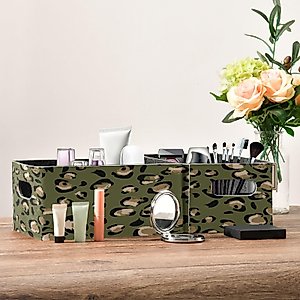 Kigai Hunter Green Leopard Storage Basket for Shelves, Foldable Open Storage Bins with Double Handle, Set of 2 Rectangular Felt Storage Organizer Boxes for Office Desk Home