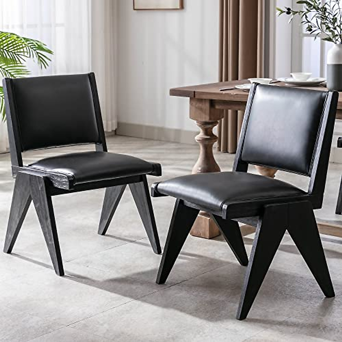 Mid-Century Modern Dining Chairs Set of 2 with PU Leather Upholstered, Country Farmhouse French Wooden Side Chairs, Black