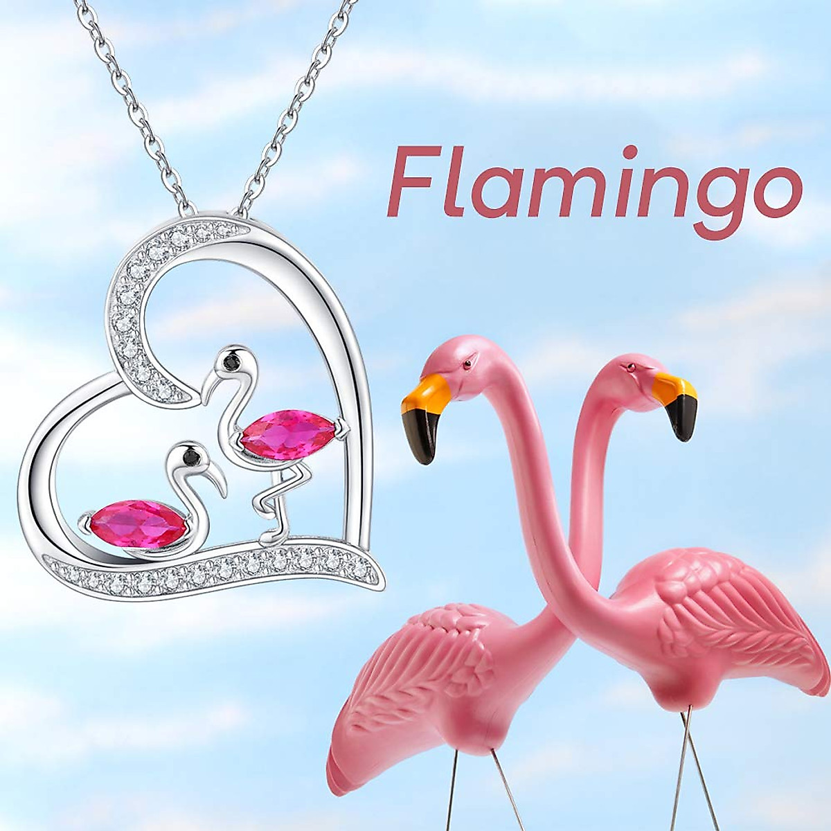 JUSTKIDSTOY Flamingo Necklace 925 Sterling Silver Animal Heart Pendant with Cubic Zirconia, Flamingo Bird Pendant Necklace Mothers Day Gifts for Women Wife Girlfriend