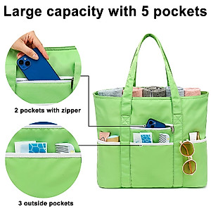 LEDAOU Large Beach Tote Bag Women Beach Bag Waterproof Sandproof Pool Bag with Zipper Travel Gym Tote Bag (Green)