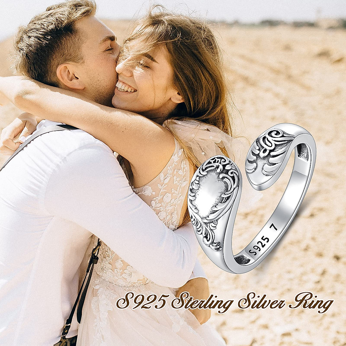 PROESS Sterling Silver Spoon Ring with Oxidized Open Wrap Ring Spoon Ring for Women Girls Couple, Size 7