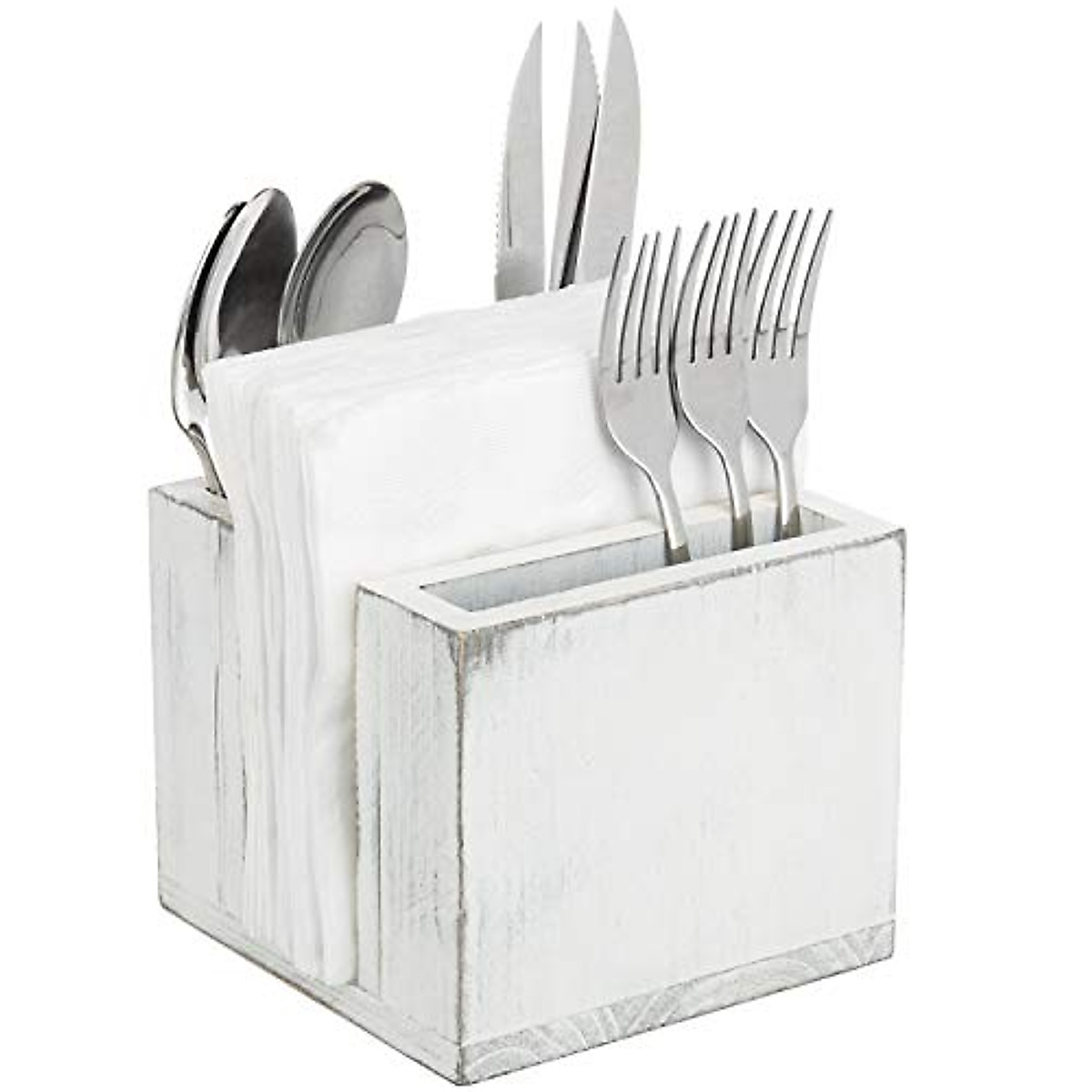 MyGift Vintage White Solid Wood Napkin Holder and Utensil Holder with 3 Compartments, Buffet Napkin and Flatware Holder Caddy