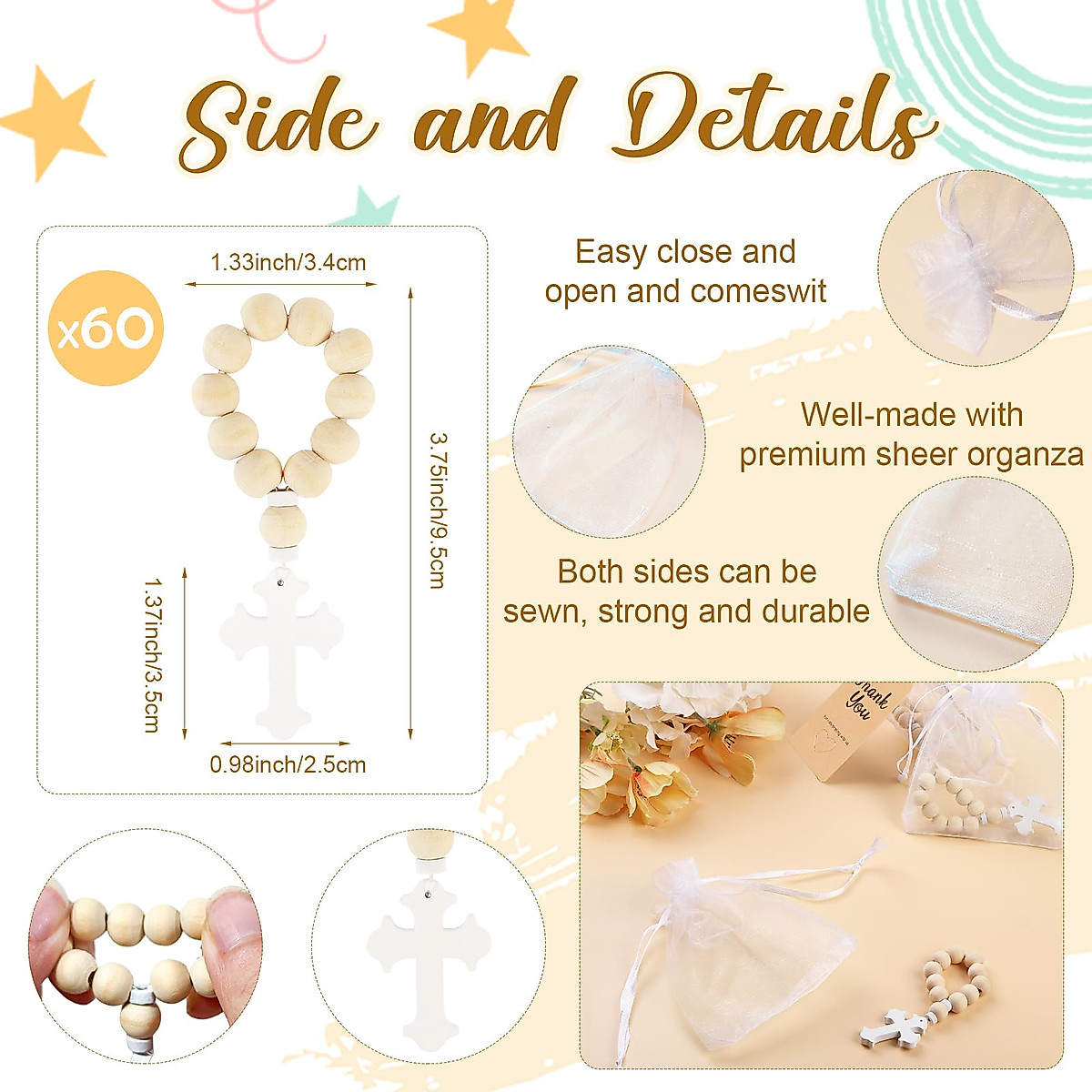 GUDELAK 60 Pieces Baptism Favors include wooden Rosary, Thank You Cards, and White Mesh Bags for Baptism Decorations Baby Shower Favors First Communion Gifts for Girls Boys