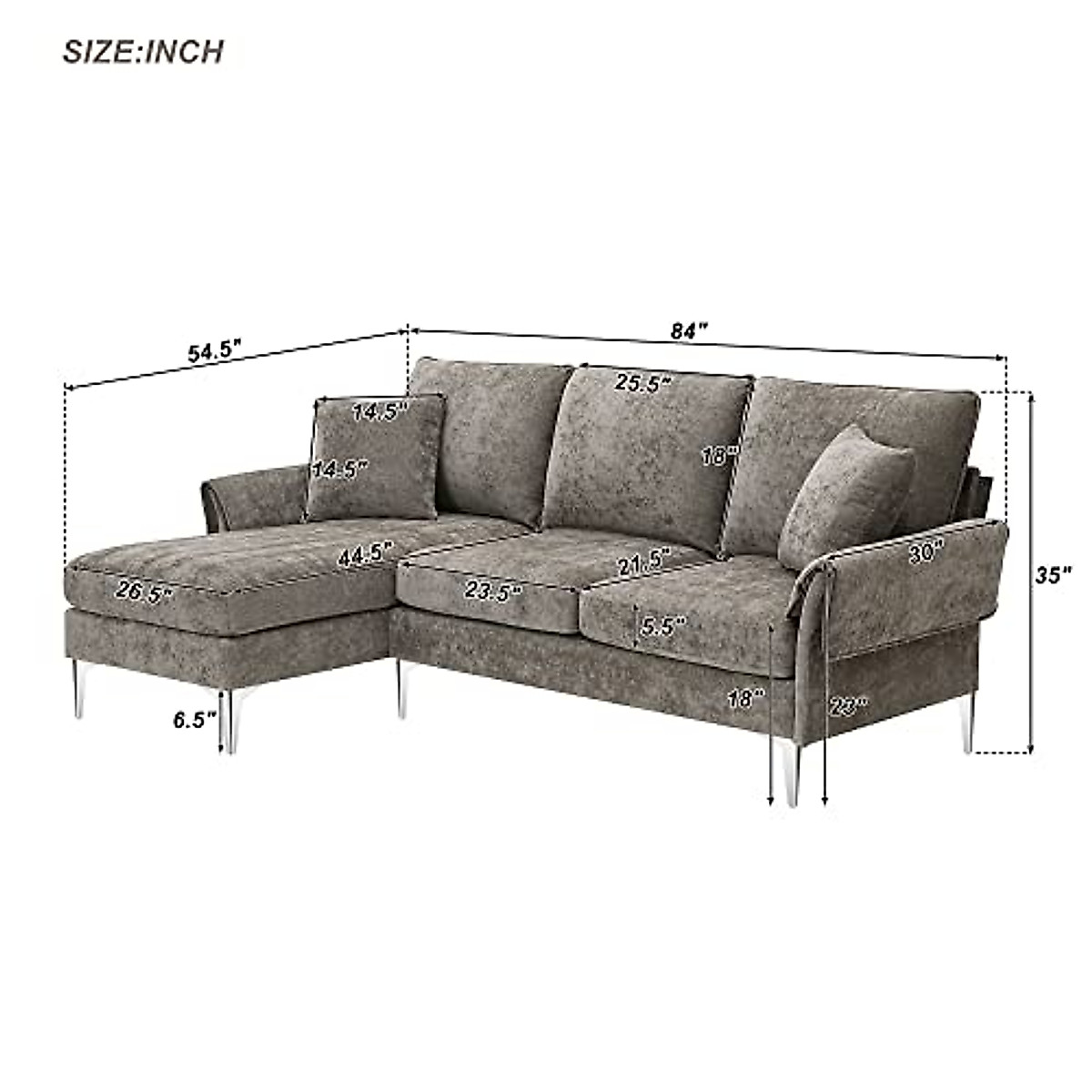 ERYE 84" L-Shaped Upholstered Corner Sofa Convertible Sectional Sofa & Couch,Modern Chenille Upholstery Couch with Reversible Chaise and 2 Pillows for Home Apartment Office Living Room
