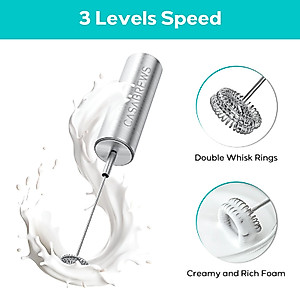 CASABREWS Milk Frother Wand, Handheld Stainless Steel Coffee Frother, Powerful Drink Mixer with Stand, Rechargeable Electric Whisk with 3 Speeds for Lattes, Cappuccinos, Matcha, and Hot Chocolate