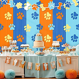 WovWeave 2 Packs Blue Dog Fringe Curtains 3.3 x 6.6 Ft Dog Paw Foil Fringe Backdrop Orange Blue and Light Blue Tinsel Streamers for Blue Dog Themed Baby Shower Birthday Party Supplies Decorations
