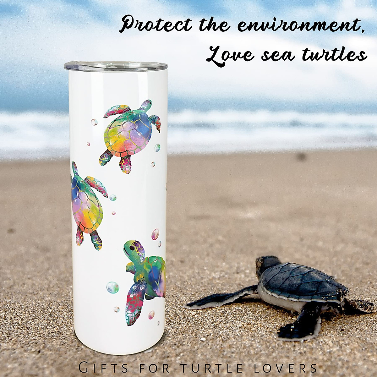 Mofvugz Sea Turtle Gifts - 20 Oz Double Wall Vacuum Insulated Stainless Steel Tumbler with Lid and Straw - Watercolor Ocean Turtle Cup, Travel Coffee Mug