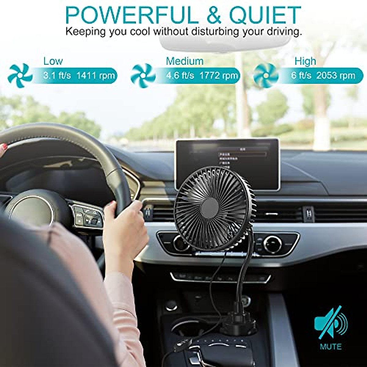 2022 Patent Design Car Fan, USB Powered 6" Electric Car Cooling Fan, 3 Speeds Strong Airflow, Adjustable Base, 360° Rotation Air Circulation Fan with Flexible Gooseneck for Car Van Truck SUV RV Sedan