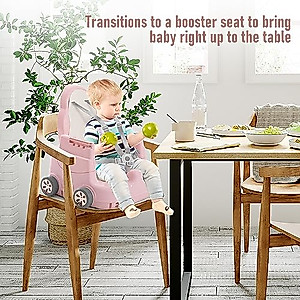 High Chairs for Babies and Toddlers, Portable 3 in 1 High Chair, Adjustable Convertible Compact Infant Baby Feeding Chair Booster with Detachable Double Tray, 5 Point Harness, Foot Rest Pink