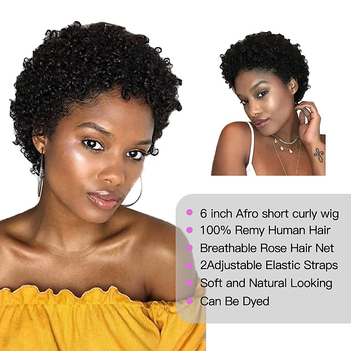 Besteffie Short Afro Kinky Curly Wigs For Black Women Human Hair Wig Pixie Cut Wig Natural Black Color 100% Brazilian Virgin Hair Short Human Hair Curly Wigs