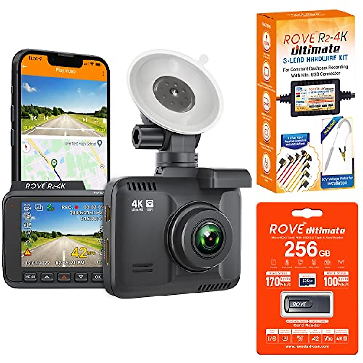 ROVE R2-4K Dash Cam | Hardwire Kit | 256GB Micro SD Card