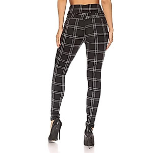 ShoSho Womens High Waist Skinny Pants Tummy Control Butt Lifting Pull On Stretch Trousers with Pockets Plaid Print Black/White Small