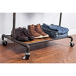 Real Home Innovations Modern Industrial Style Garment Rack with Wood Shelf, Satin Pewter