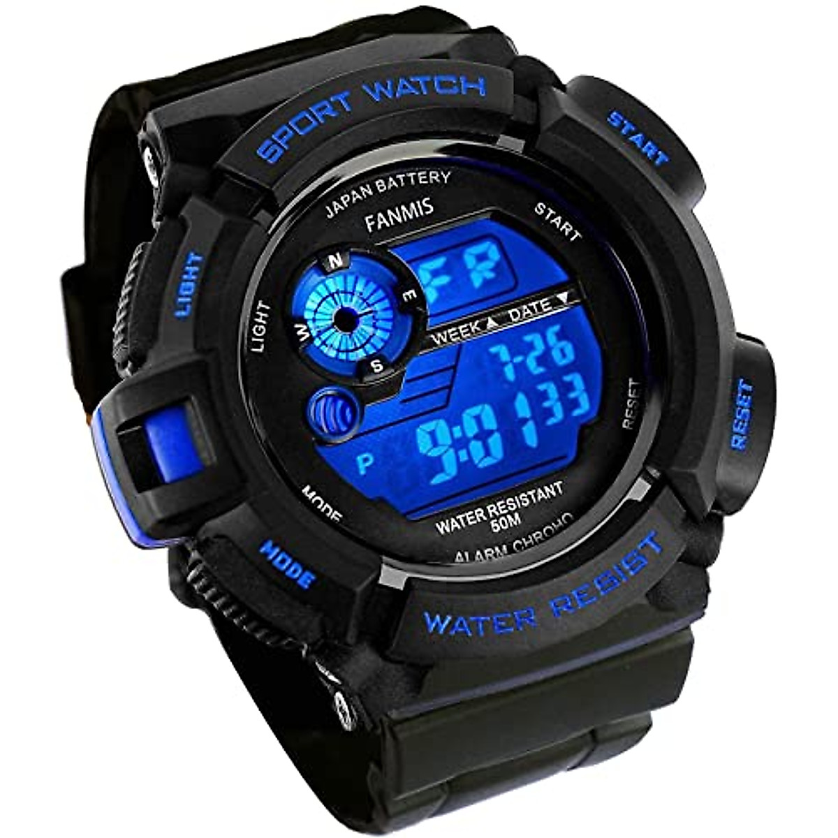 FANMIS Mens Military Multi Function Tactics Digital LED Sports Watch Large Face Electronic Waterproof Alarm Quartz Outdoor Waterproof Watch (Blue)