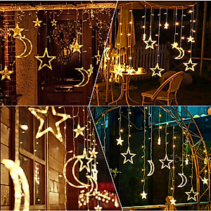 XINXIANLIAN 138 LED Ramadan Decorations Light Solar Moon Star Lights String Light Outdoor Waterproof Solar Powered Curtain Lights with 8 Modes Ramadan Hanging Decor for Patio (Warm White)