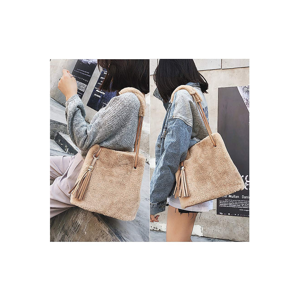 Ulisty Women Winter Faux Fur Shoulder Bag Plush Handbag Fluffy Bucket Bag Tassel Crossbody Bag khaki