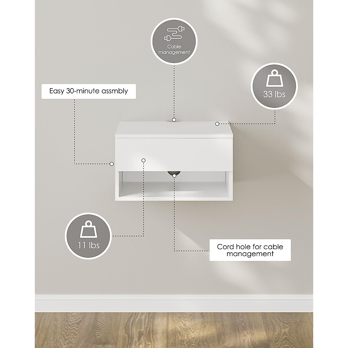 Aobafuir Floating Nightstand, Small Modern Floating Nightstand with Drawer, Floating Shelves for Bedroom, Bathroom (White)