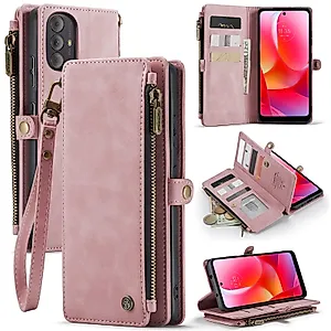 Defencase Moto G Power 2022 Phone Case, Motorola Moto G Power 2022 Case Wallet for Women and Men, Fashion PU Leather Flip Wrist Strap Zipper Card Holder Wallet Case for Moto G Power 2022, Rose Pink