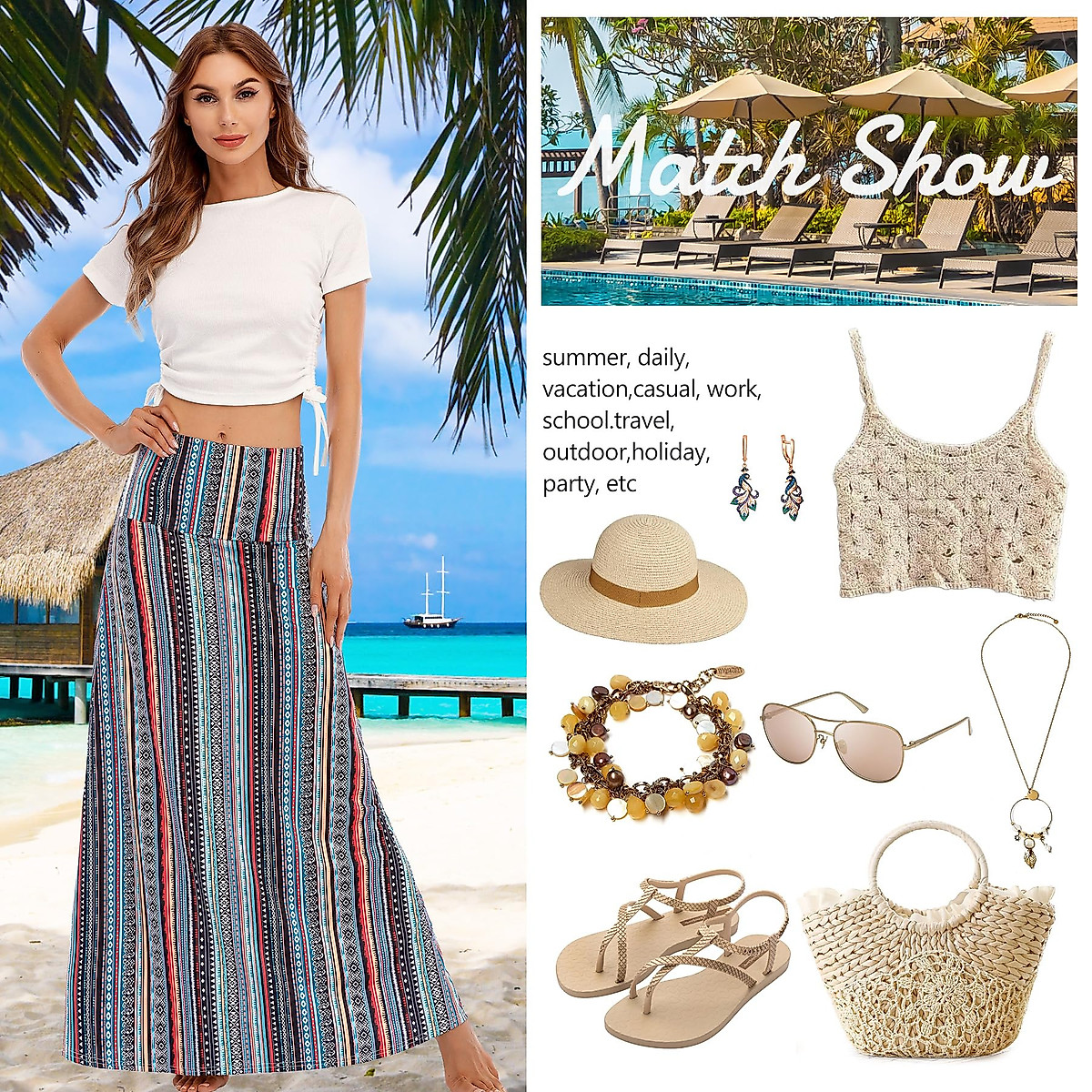 Zando Long Skirts for Women High Waisted Maxi Skirt Casual Trendy Dresses Fold-Over Workout Stretchy Flared Flower Skirt for Girls Geometric Stripe Medium