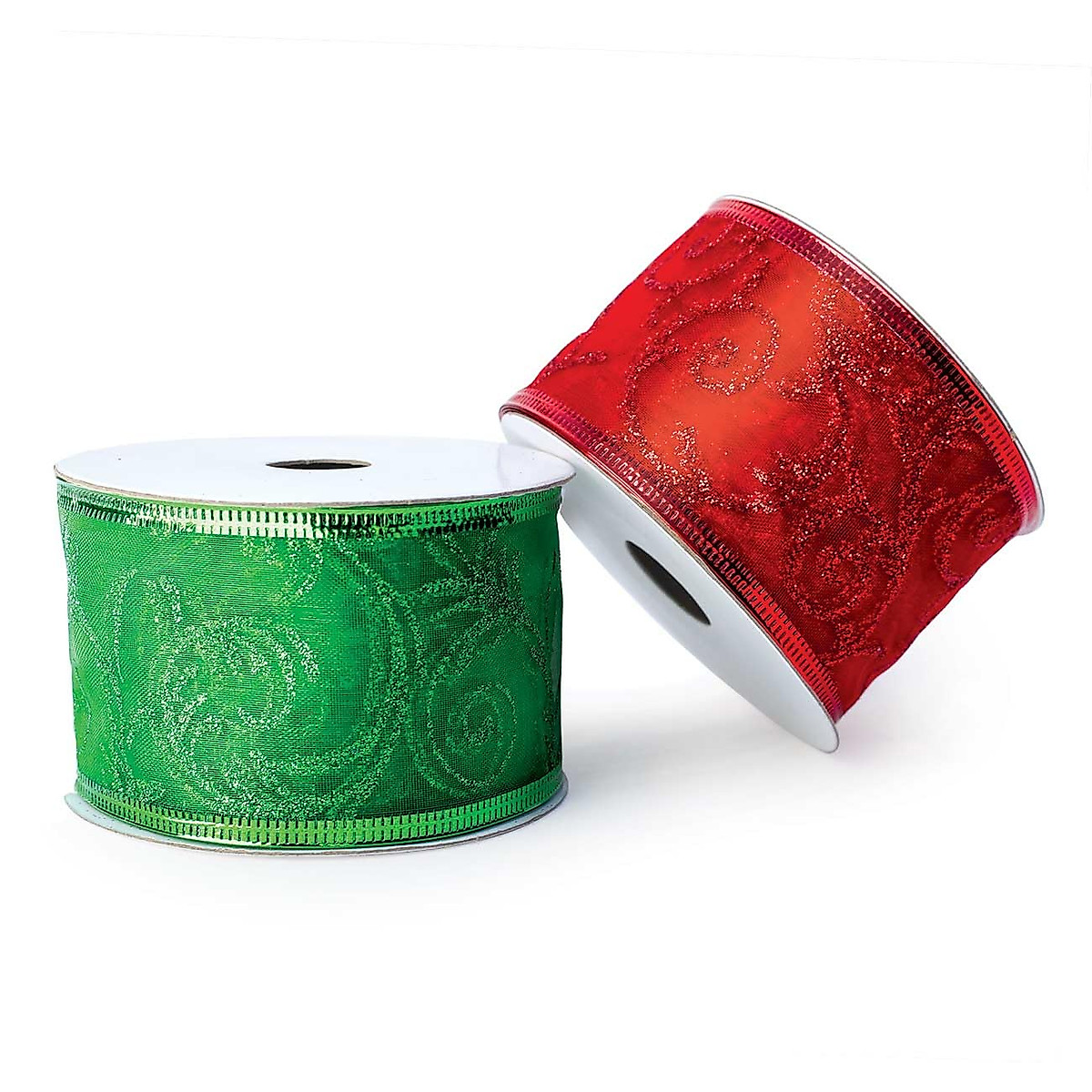 Christmas Ribbon for Gift Wrapping Red Wired Ribbons Green Sheer Wire Organza Set Present Wrap Around, Xmas Tree Decor Crafts Floral Arrangement Supplies & Decoration 30 Yards x 2 in Wide Each