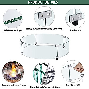Trigoo Round Fire Pit Wind Guard 24 x 24 x 6 Inch Tempered Glass Frame Fence