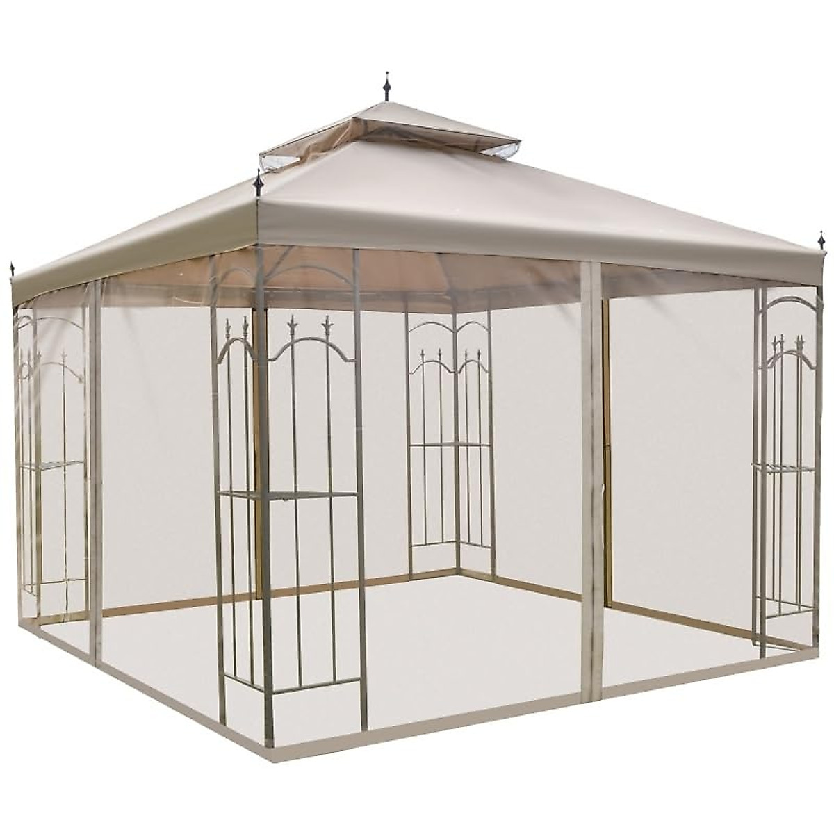 10 X 10ft Hardtop Gazebo, Steel Outdoor Patio Gazebo Canopy, Double Roof Gazebo with Removable Mesh Curtains, Outdoor Steel Frame Vertical Stripes Roof Permanent for Deck Backyard Garden Lawns