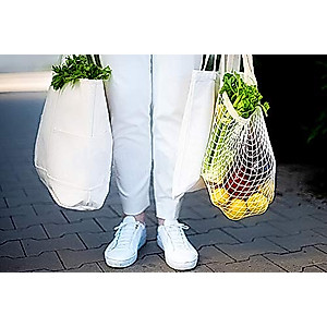 WHITEWRAP Cotton Mesh String Reusable Bag Long Handle Net Tote Bag| 13"x14" | 2-Pack | Natural | Reusable Grocery Bags, Vegetable Bag, Shopping bag, Hand bag