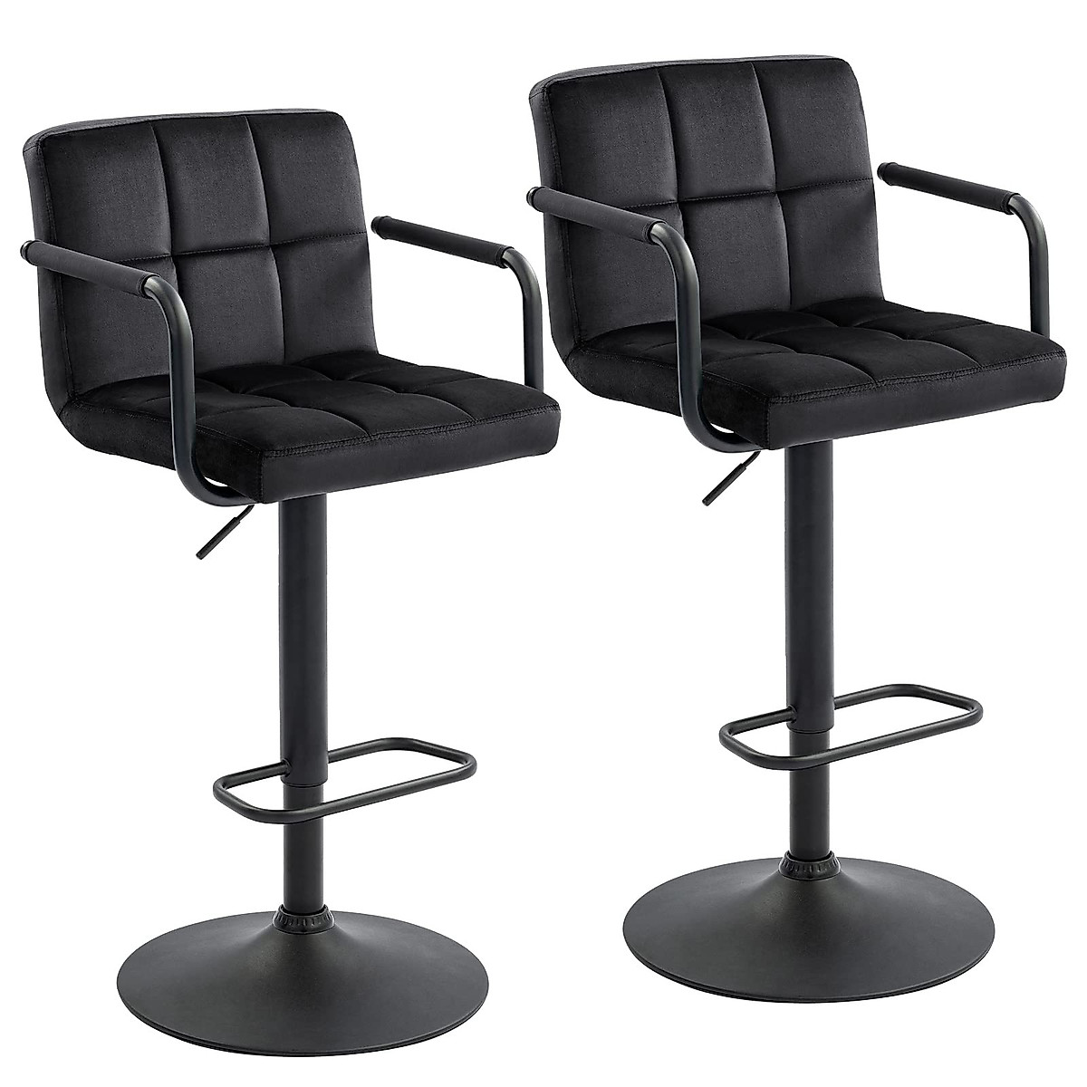 Furnimart Adjustable Bar Stool Swivel Barstools Set of 2 Counter Stools with Armrest and Footrest Upholstered Bar Chairs for Kitchen and Dining Room (Velvet-Black)