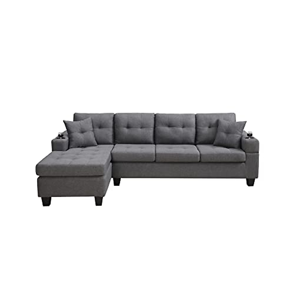 BIADNBZ Modern Sectional Sofa Set with Reversible Chaise Lounge,2 Pillows and Cup Holders,4-Seat L-Shaped Upholstered Couch for Living Room Office Apartment, Gray