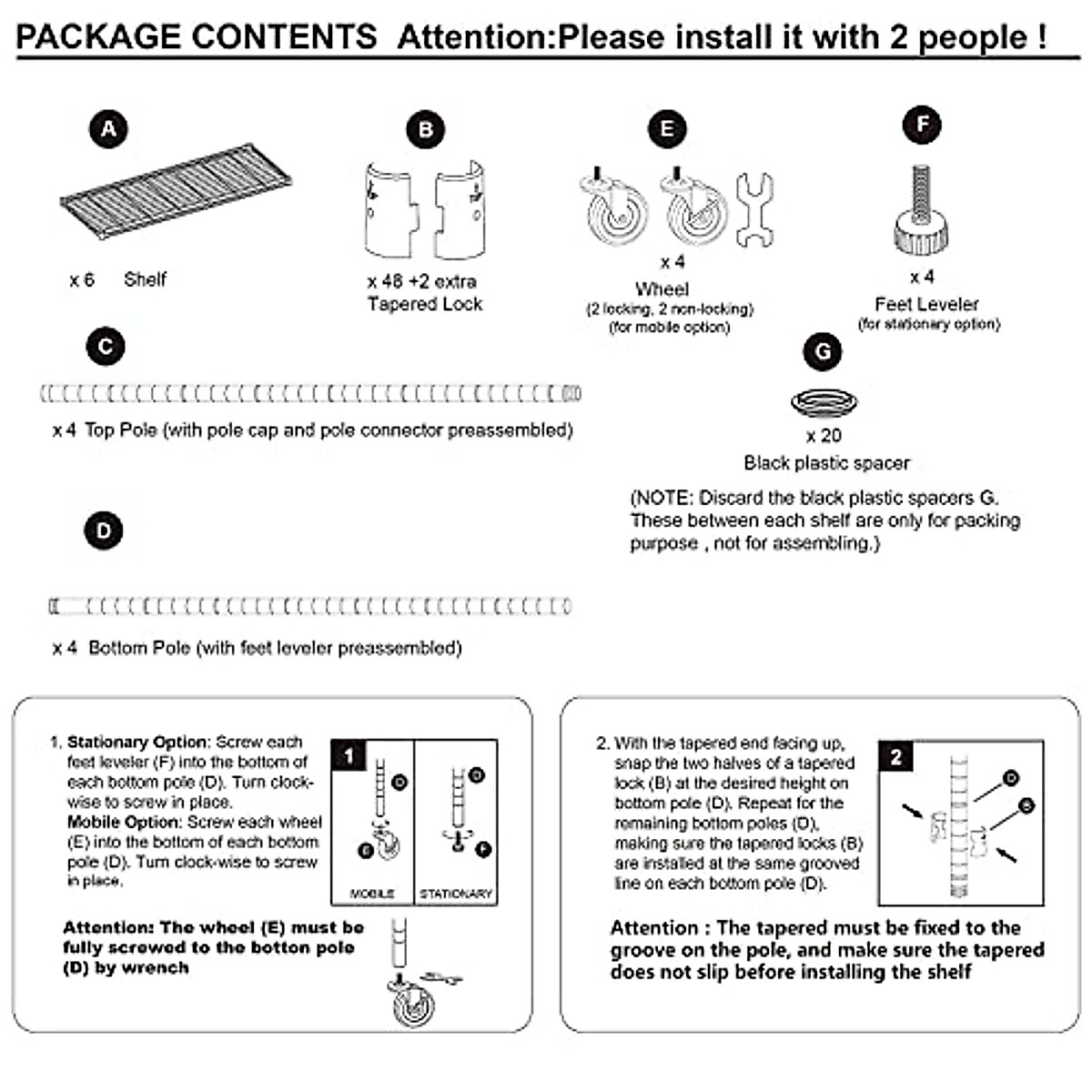 Wire Shelving Unit, Metal , with Wheels 6 Tier 2100lbs 48in L×18in W×82in H Storage Shelves Height Adjustable NSF Heavy Duty Steel Shelf Movable for Kitchen Garage Warehouse Commercial Rack, Black