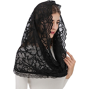 PAMOR Infinity Floral Veils Scarf Chapel Veil Head Covering Wrap Style Latin Mass Lace Mantilla (Black)