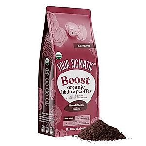 Four Sigmatic Boost Organic High Caffeine Coffee | Dark Roast Extra Strong Ground Coffee with L-Theanine & Cordyceps Mushroom Extract | Energy Booster Super Coffee without the Jitters | 12oz Bag