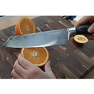 Kitory Kiritsuke Chef Knife 8" - Japanese Traditional Kitchen Knives for slicing meats and Vegetables - Ergonomic PakkaWood Handle - Laser Etched Waved Pattern