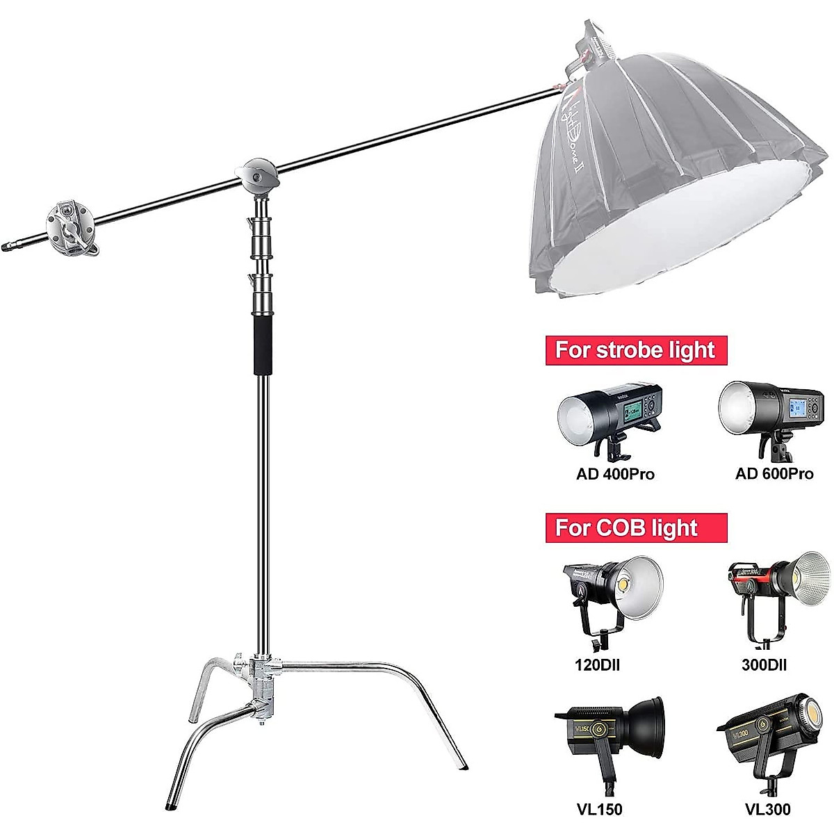 Sokani C Stand with Boom Arm [2023 New Upgrade Version] 100% Metal Max 10.8ft/330cm Adjustable Reflector Stand 4.2ft/128cm Holding Arm and 2 Pieces Grip Head, Bag Sandbag, Fish Mouth Clip included