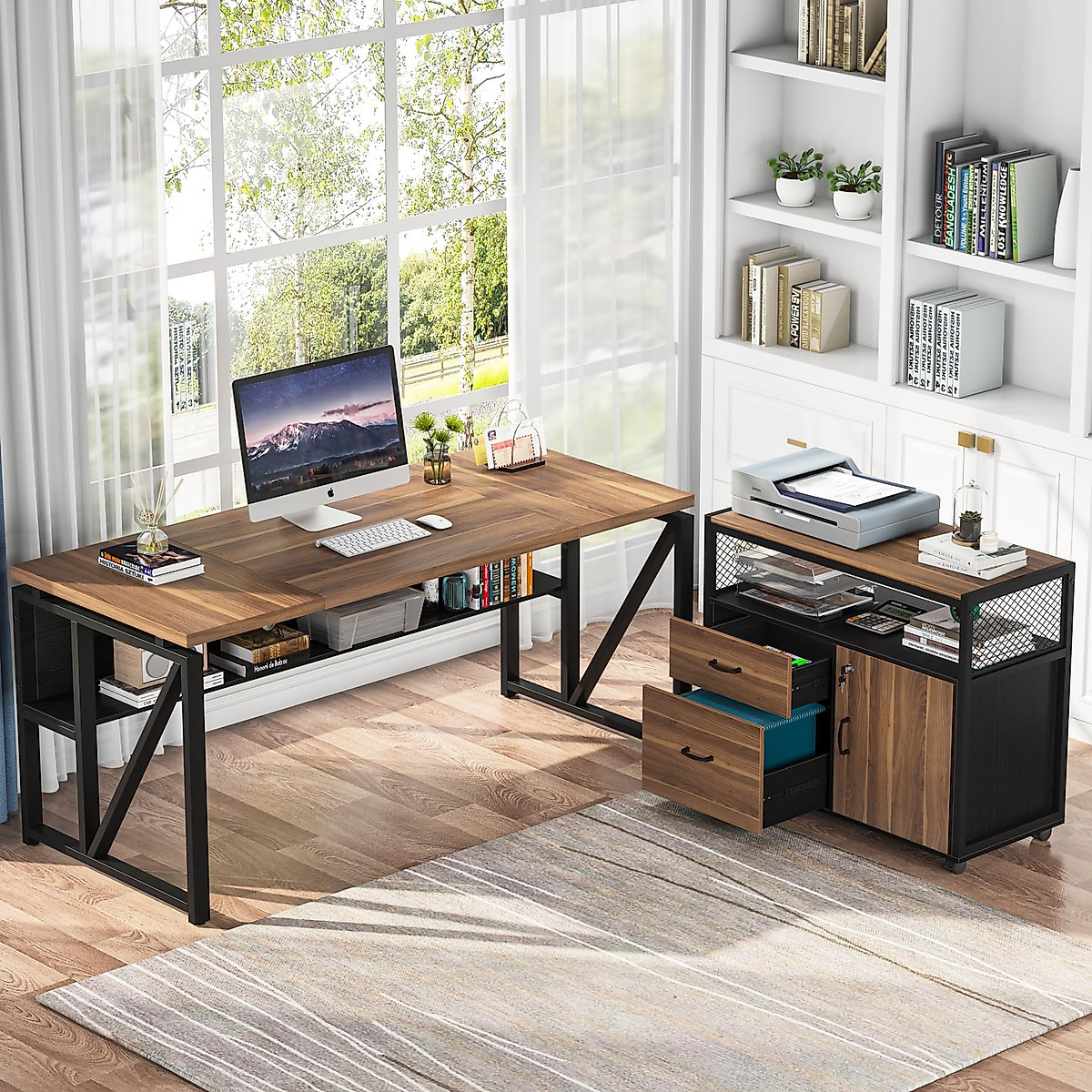 Tribesigns Office Desk with Drawers,63 inches L Shaped Computer Desk with Storage Shelves and Mobile File Cabinet, Executive Desk for Home Office Furniture Sets