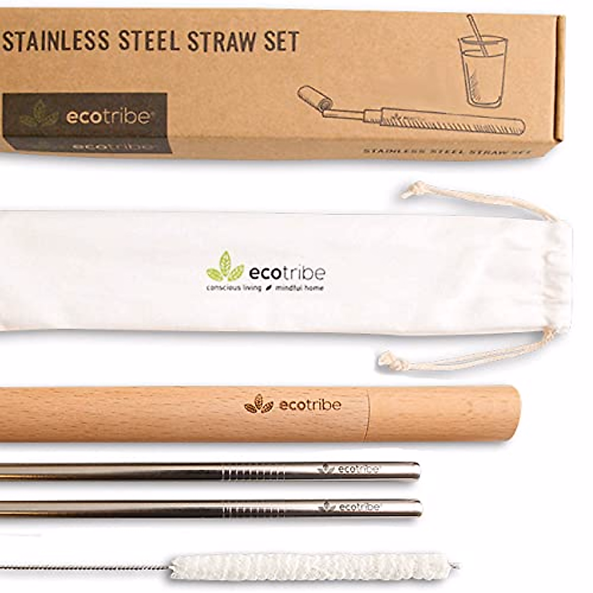 Reusable Metal Stainless Steel Straws: 2 Travel Reusable Straws + 1 Wooden Case + 1 Cotton Cleaning Brush + 1 Pouch, for Hot and Cold Drinks, Portable for Personal Use, 8.5 inches, by Ecotribe
