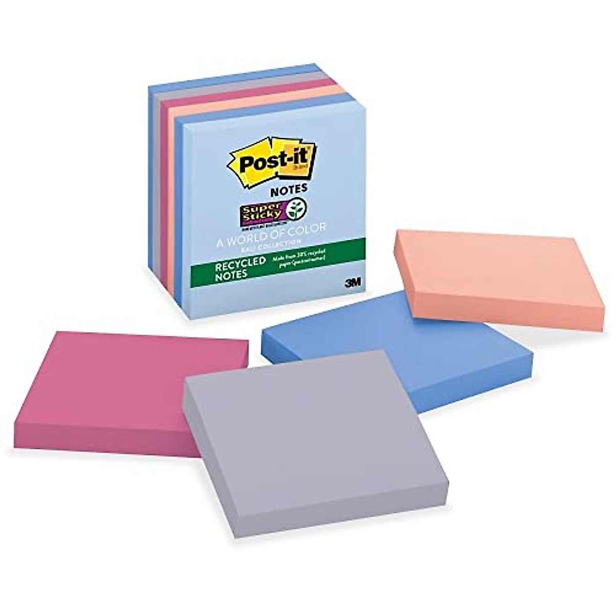 Post-it Super Sticky Recycled Notes, 5 Pastel Colors, Sticks and Resticks, 3 in x 3 in