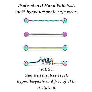Goerhsjie 14g 14 Gauge Long Bar Industrial Piercing Jewelry Rainbow Barbell Earrings for Women Surgical Stainless Silver Steel