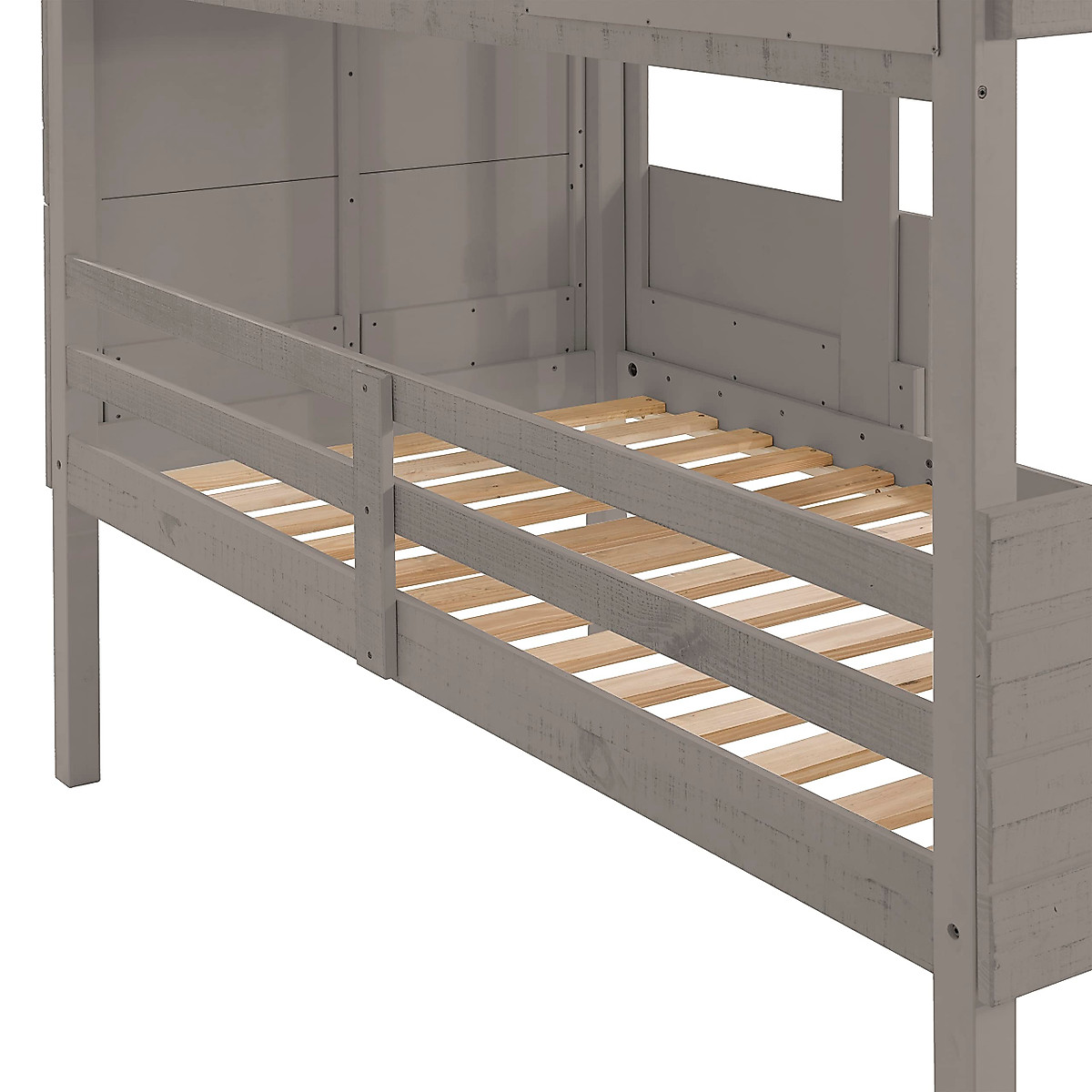 Naomi Home Susie Full Size House Bed for Kids - Cabana Style Solid Pine Wood Bed with Front Windows & Roof, Full Size Loft Bed for Kids with Guard Rails, Perfect for Girls/Boys, Light Gray