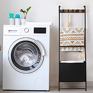 Blanket Ladder with Basket Towel Ladder Blanket Holder with Storage Basket 4 Tier Farmhouse Wall Leaning Ladder Rack with 5 Hanging Hooks for Bathroom Living Room Bedroom Rustic Brown