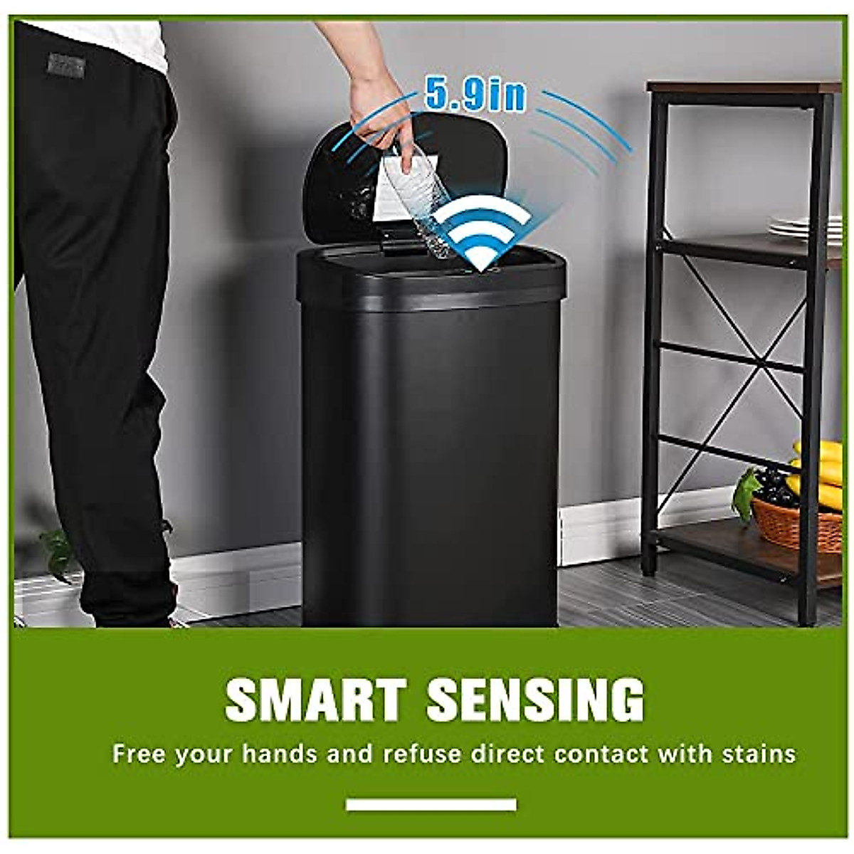 Kitchen Trash Can 13.2 Gallon Garbage Can with Odor Control System, Automatic Touch Motion Sensor Trash bin with Lid, Stainless Steel Silent Waste Bin for Home Office Bedroom, 50 Liter (Black)