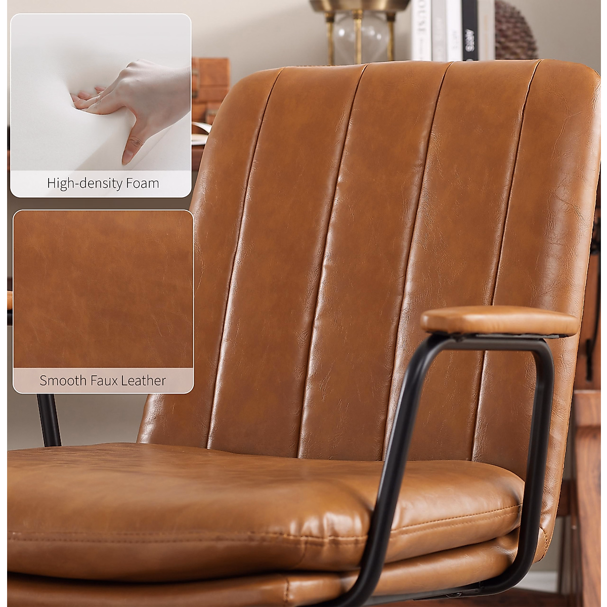 Zouron Swivel Mid Century Modern Office Chair, Ergonomic Desk Chair for Living Room, Computer Chair PU Leather Home Office Chair with Oak Wood Legs, Yellow Brown, No Wheel