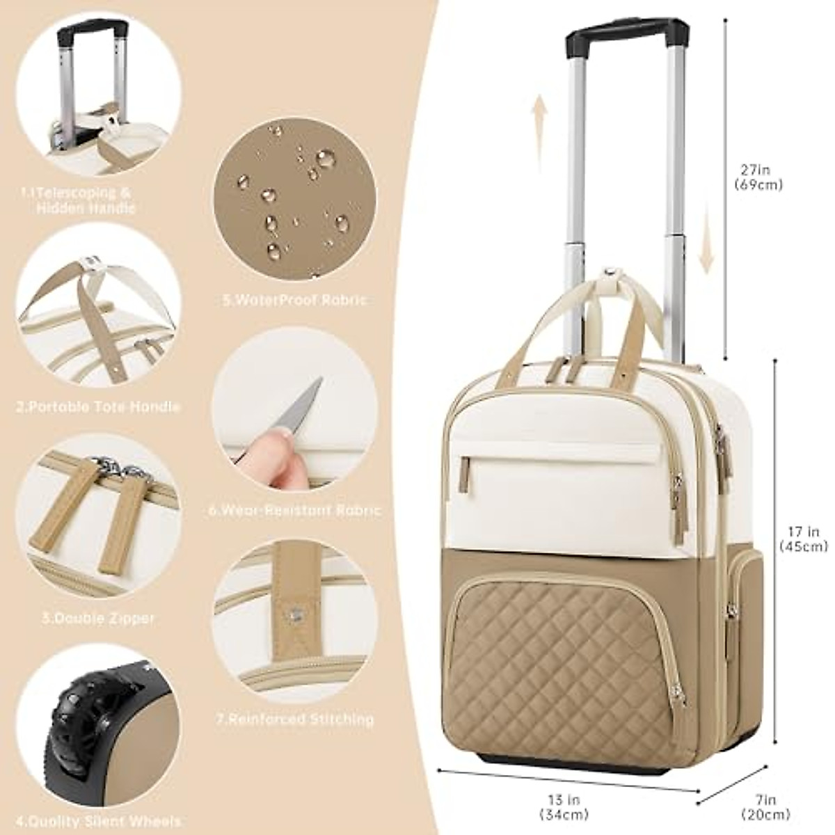 ZOMFELT Carry On Underseat Multi-functional,17-inch Rolling Lightweight Overnight Suitcase, Wheeled Carry On Case for Airplanes, Travel Carry on Suitcase with Wheels for Women Work Travel,Beige