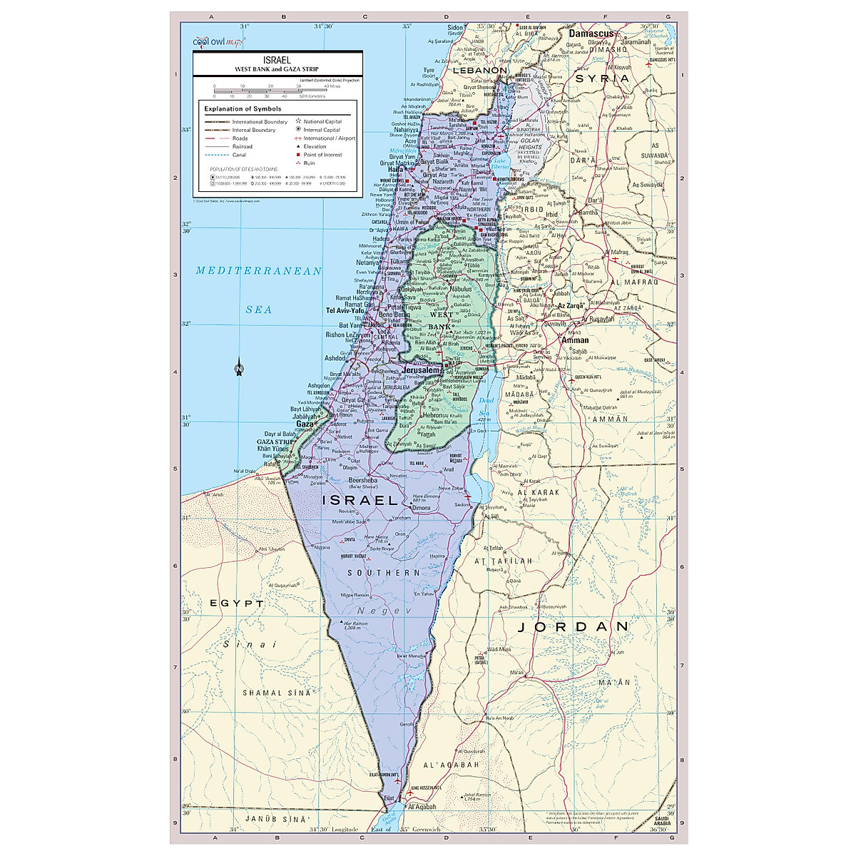 Israel with West Bank and Gaza Strip disputed territories - Detailed Political Wall Map Poster Large Print Rolled 24W"x38"H - Laminated