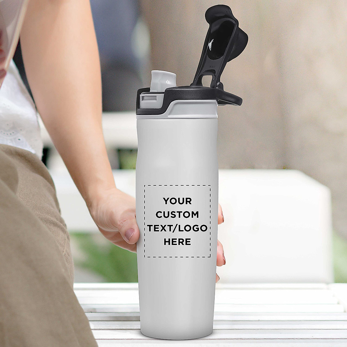 DISCOUNT PROMOS Custom Juno Water Bottles with Flip Lid 20 oz. Set of 24, Personalized Bulk Pack - Reusable, Great for Gym, Hiking, Cycling and for School - White