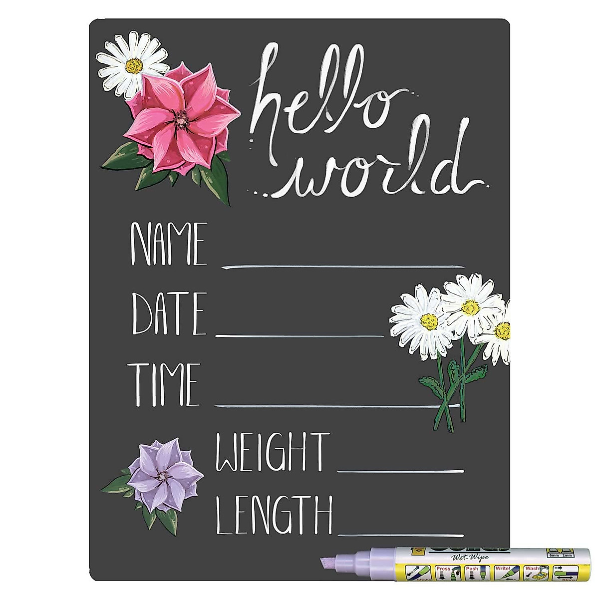 Cohas Hello World Newborn Baby Announcement Chalkboard Sign with Mixed Flower Theme, 9 by 12 Inches, Lilac Marker