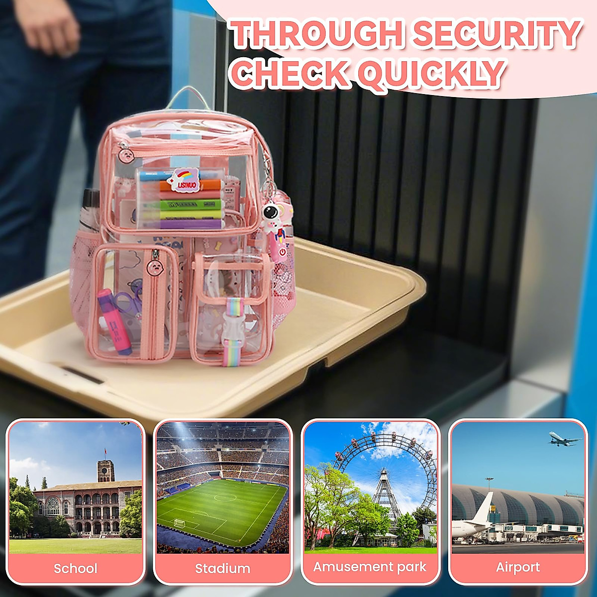 LISINUO Clear Backpack Girl Transparene Backpacks See Through Book Bag for Women Heavy Duty Pvc Mesh Bag Cute Girls Bookbags (Pink)